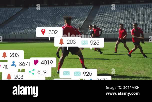 Rugby players on field with social media notification animations ...