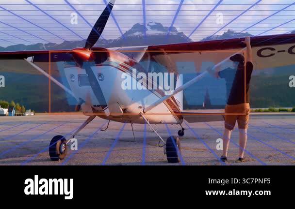 Small airplane on tarmac with WOW text animation over mountain backdrop ...