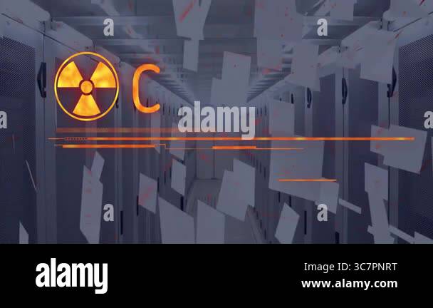 In server room, warning text and radiation symbol overlay on animation ...