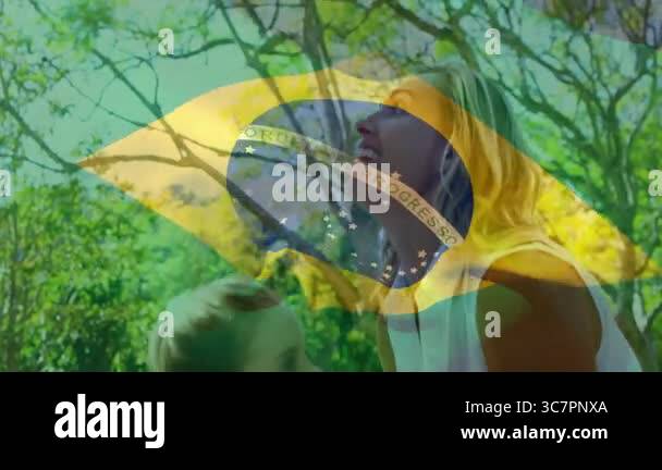 In school, children creating animation with Brazil flag overlay, trees ...