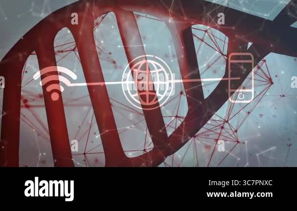 DNA strand with technology icons and network connections in digital ...