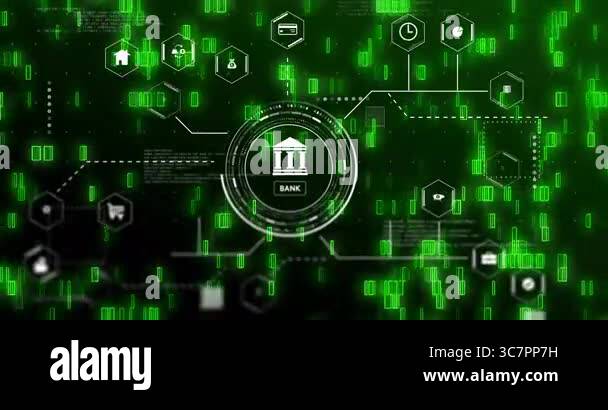 Digital banking icons and data processing animation overlaying green binary code. Finance ...