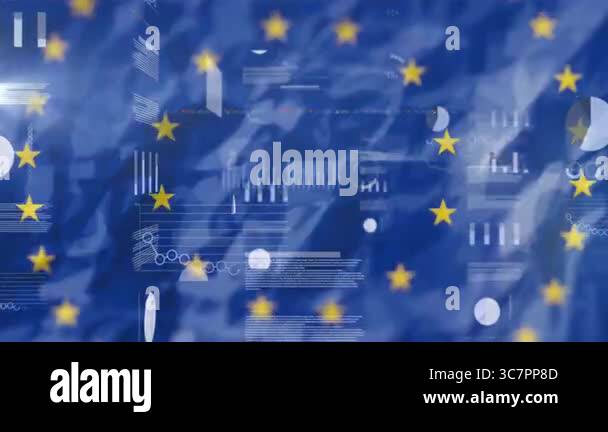 Animation of European Union flag with abstract data processing graphics ...