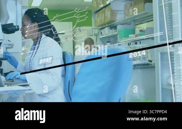 In laboratory, scientists processing data with animation overlay on ...