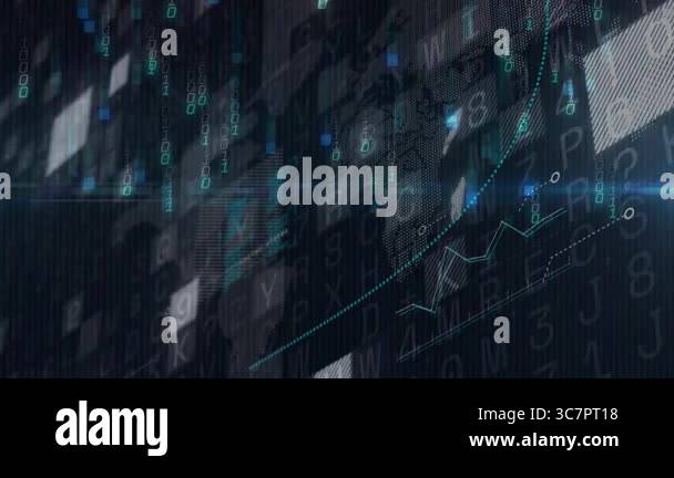 Processing digital binary code over abstract technological background in animation. Technology ...