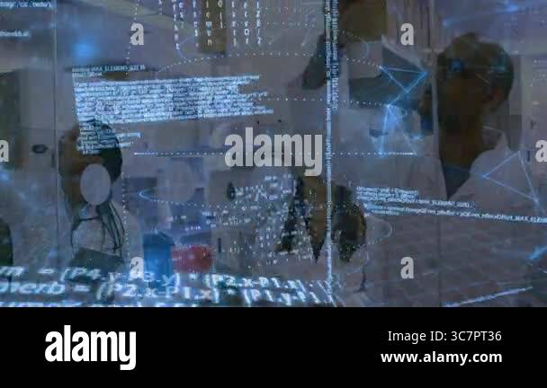 Digital code and data processing animation over diverse people working ...