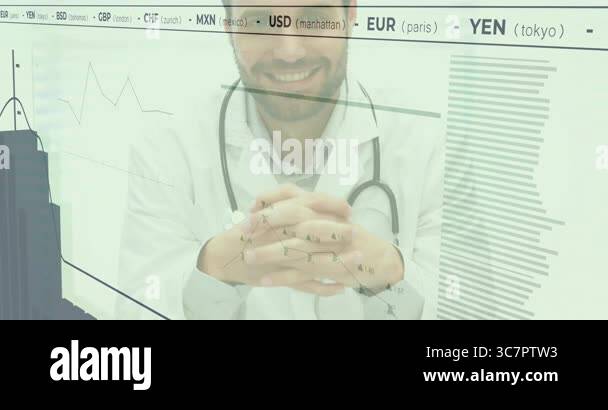 Smiling doctor with animation of financial data and currency exchange ...