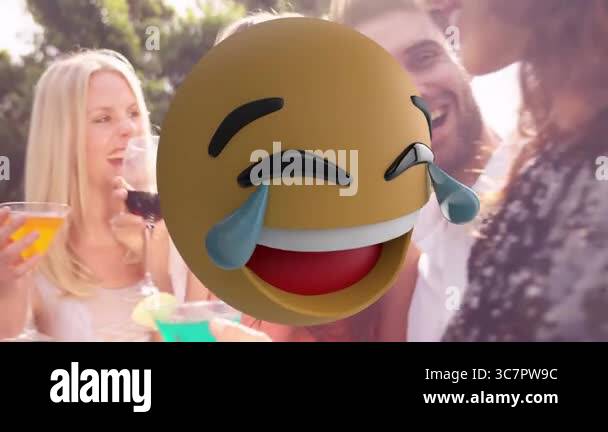 Laughing emoji animation over group of friends enjoying drinks outdoors ...