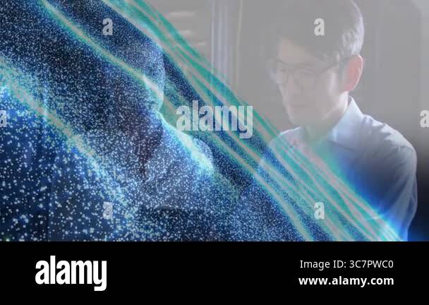 In office, woman analyzing digital animation with blue and green data ...