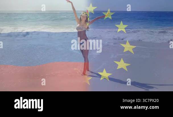 Walking on beach, woman carrying European Union flag with animation ...