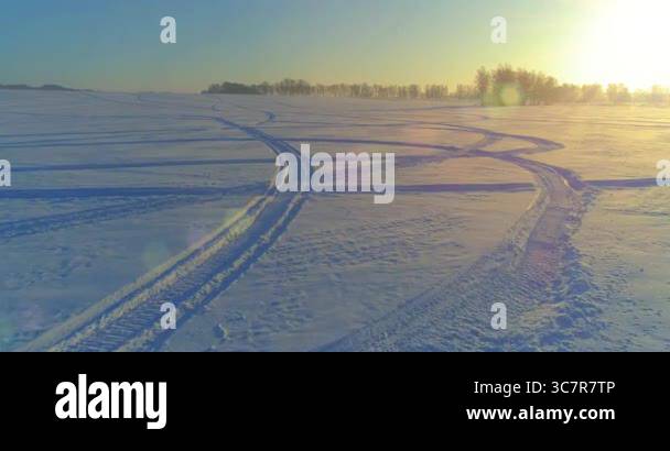 Aerial drone view of cold winter landscape with arctic field, trees ...