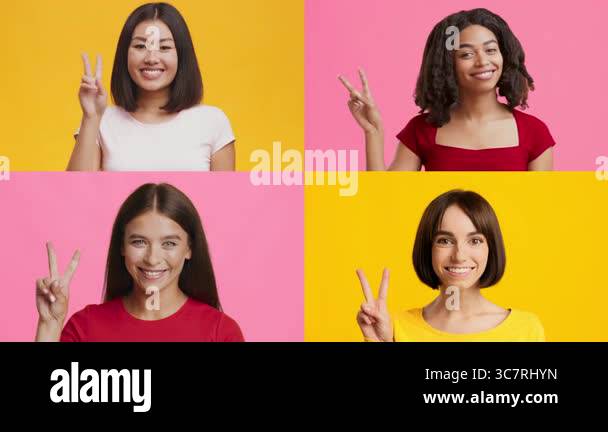 A collection of four people showcasing joyful expressions while making ...