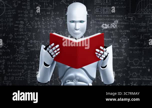 3D rendering of robot hominoid reading book and solving math data ...