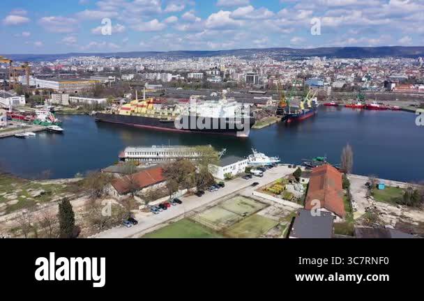 Aerial view of a cargo ship on port of Varna, Bulgaria. Logistics and ...
