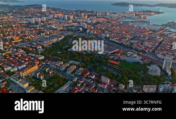 Aerial view of port city on the mediterranean coast of southern France ...