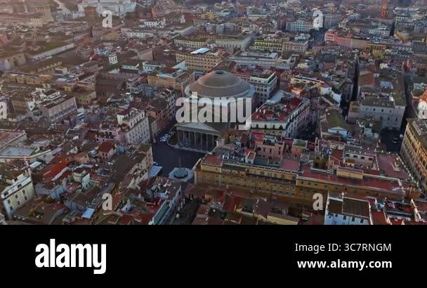 Pantheon facade in Rome, Italy, aerial descending on the ancient ...