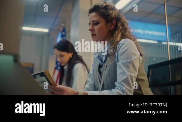 Airport Staff at Counter: Female Airline Check-in Attendant Checking ...