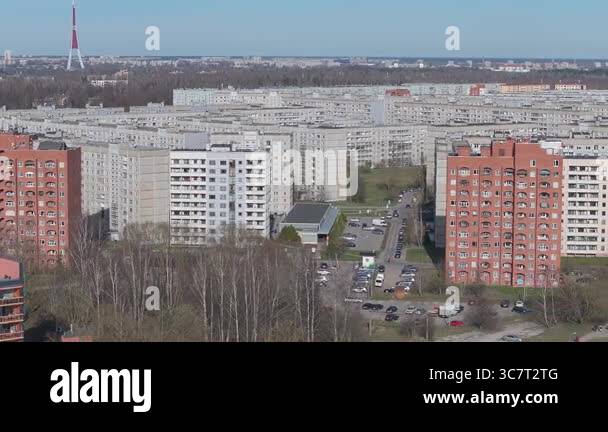 Aerial view of Riga, Ziepniekkalns district showing construction of the ...