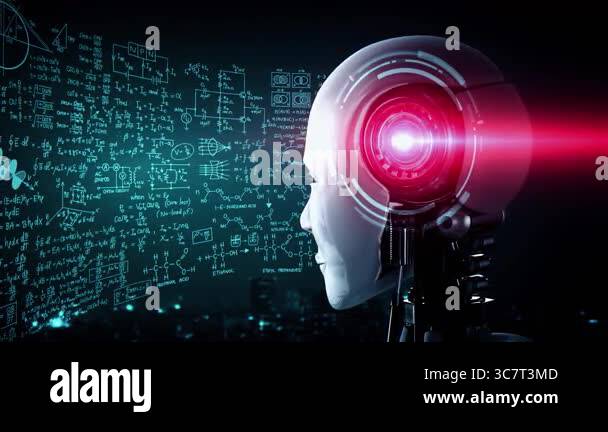 hominoid AI robot looking at hologram screen in concept of math calculation and scientific ...