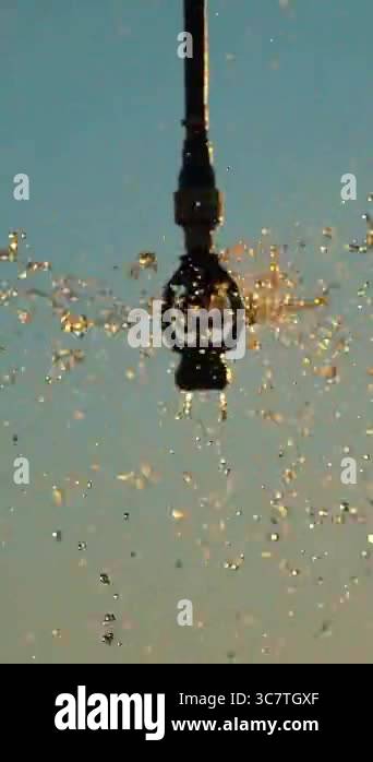 Water sprinkler. Irrigation system. Drops of splashing water glisten in ...