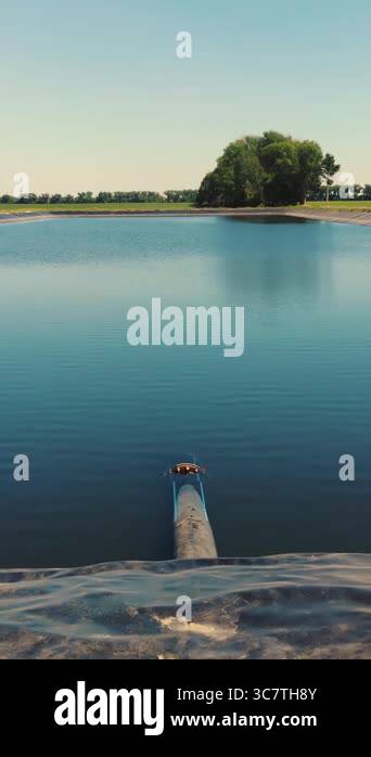 Aero. Irrigation reservoir with pipes. man-made special, water storage ...