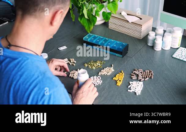 Man sorting his pills and supplements into a weekly pill organizer ...