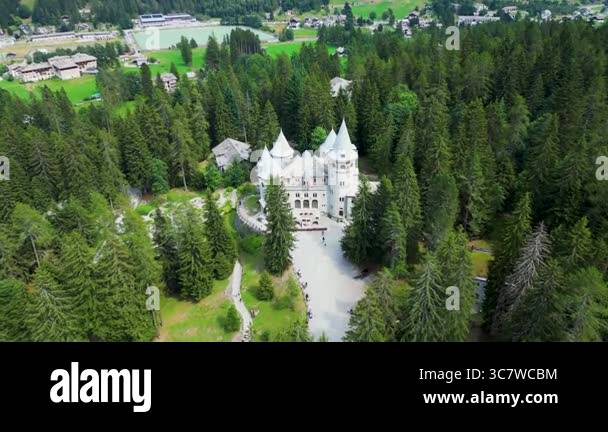 Aerial view with drone of the Savoy Castle situated in Gressoney Saint ...