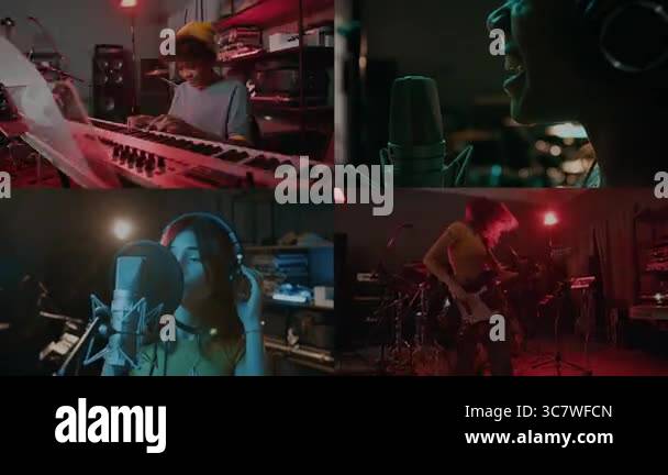 Split screen of diverse teenage musicians playing keyboard, electric ...