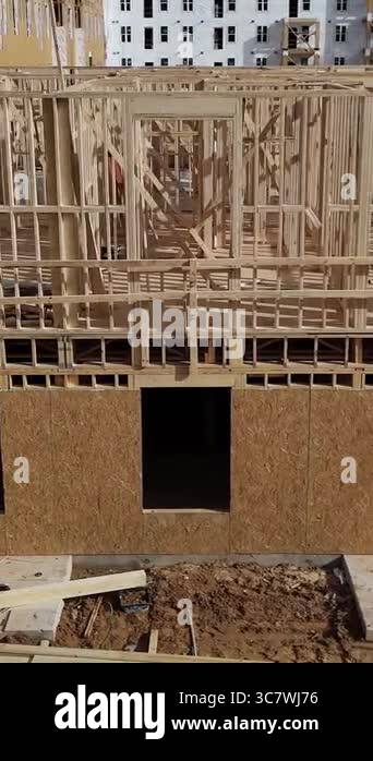 Aerial view of a wooden building under construction in the USA ...