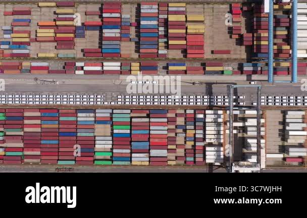 Port dock with Shipping Containers stacked, Aerial view Stock Video ...