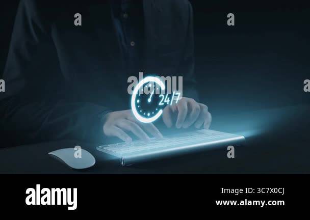 A visual representation of 24 hour service with a glowing clock and ...