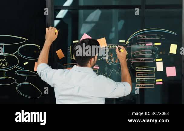 Smart businessman writing marketing idea and drawing mind mapping. Skilled executive manager ...