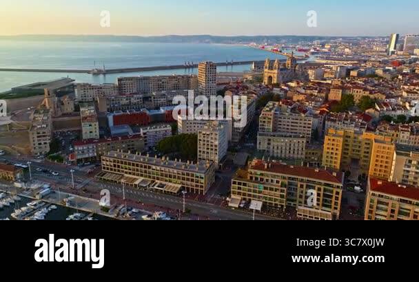 Aerial view of the city of Marseille in the morning sun. Rooftops in ...