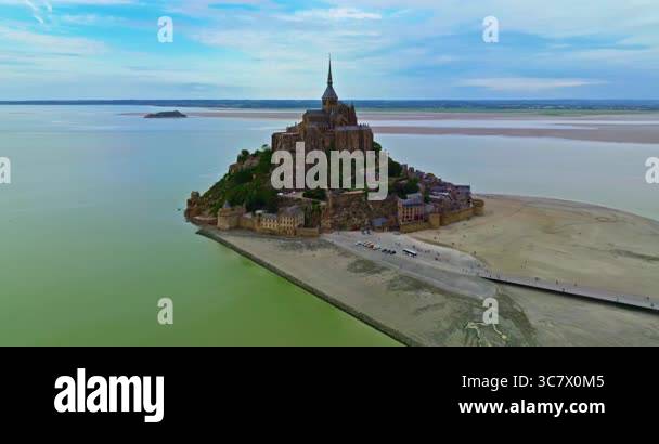 Aerial view of amazing Mont Saint Michel castle. Fly over Mont Saint ...