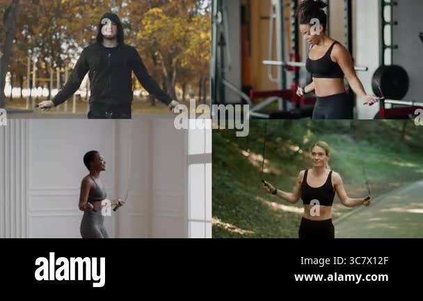 Four individuals of various backgrounds participate in jump rope ...