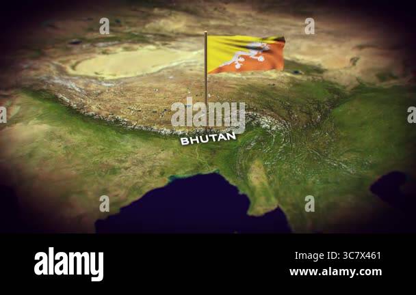 The Flag of Bhutan on the World Map, Bhutan map with flag 3d animation ...