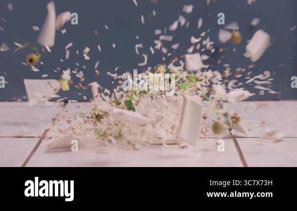 Plate of rice with vegetables dropped on the kitchen floor and breaking ...