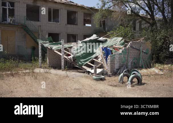 Destroyed building with collapsed roof in war-affected area, Abandoned ...