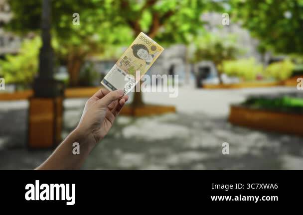 Man holding south korean won banknote outdoors in a lush green park ...