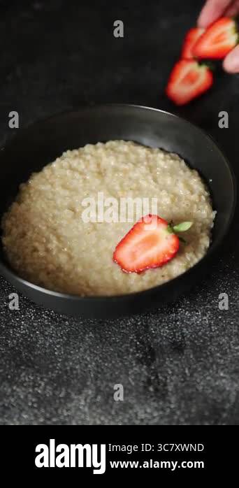 Oatmeal porridge strawberrie nuts healthy breakfast appetizer dish ...