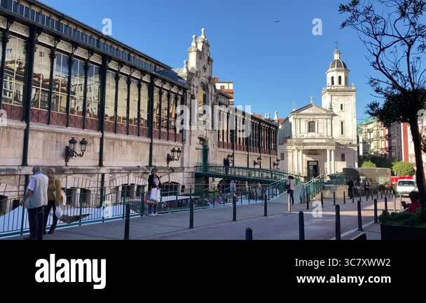Traditional Spanish market stalls in Santander, Spain. Street view and ...