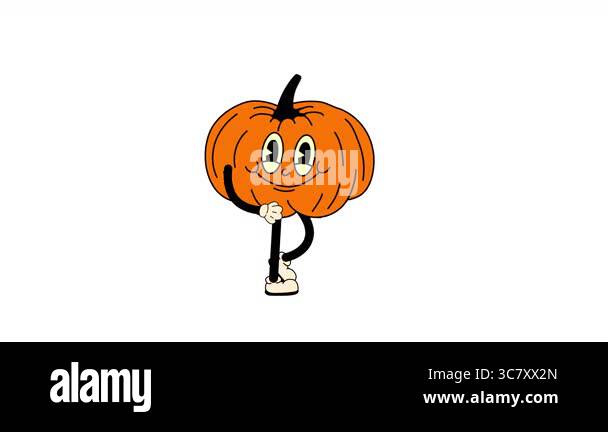 Groovy retro cartoon pumpkin walking in a seamless loop animation with ...
