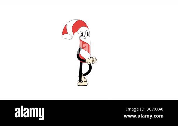 Groovy retro cartoon candy cane walking in a seamless loop animation ...