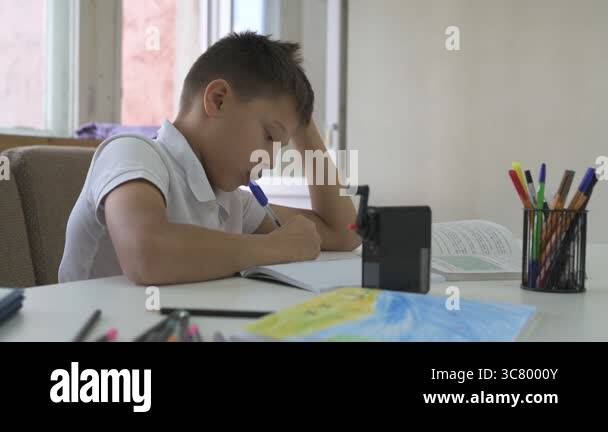 A homeschooled schoolboy does his homework. The boy sits at the table ...