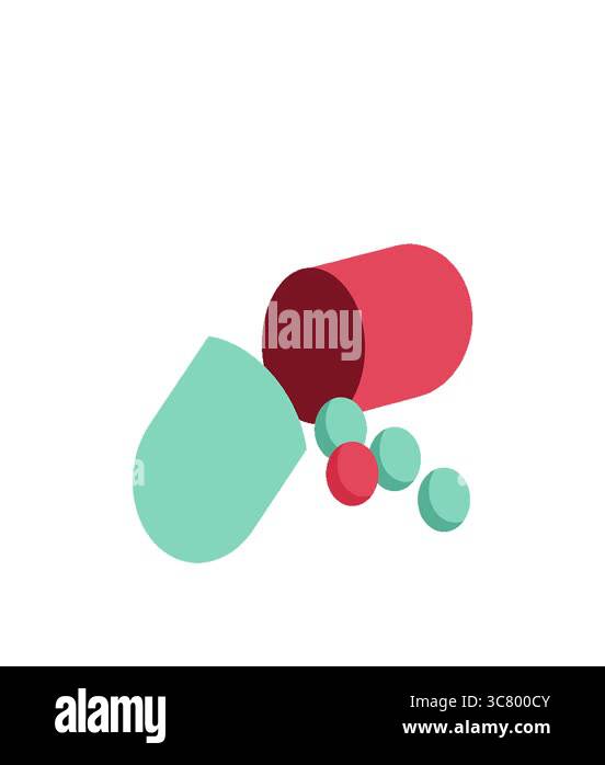 A simple looping animated Flat colour illustration of an open capsule ...