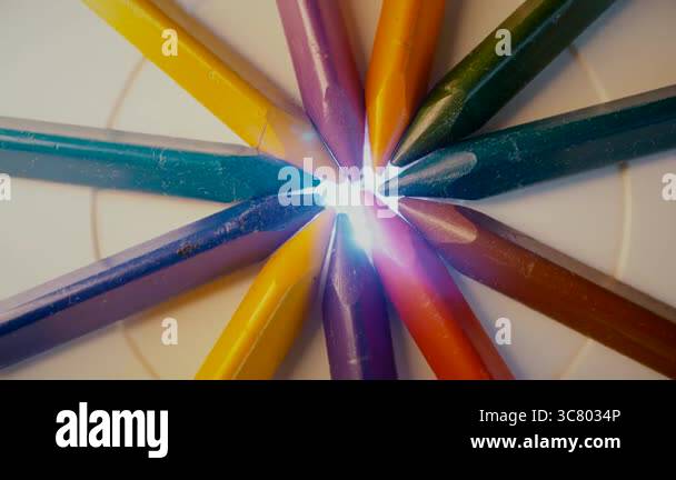 A close-up view of colourful crayons, their textures and shades ...