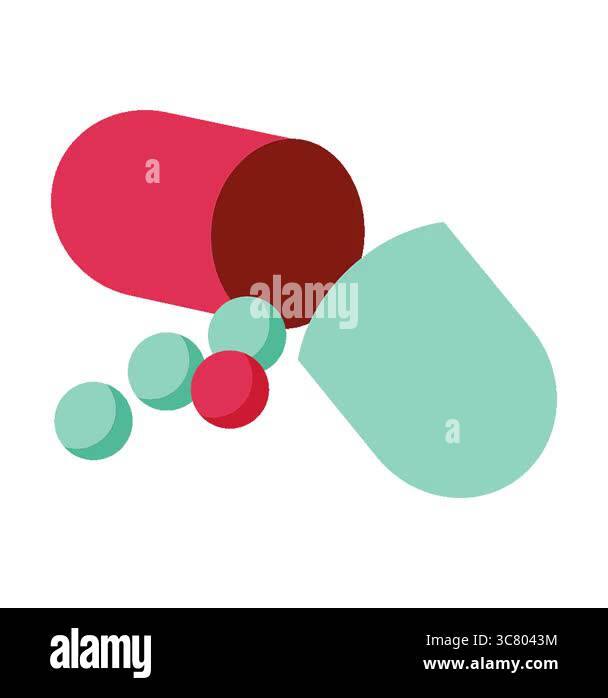 A simple looping animated Flat colour illustration of an open capsule ...