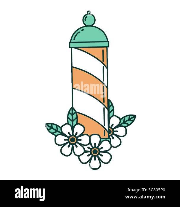 A simple looping animated iconic tattoo style image of a barbers pole ...
