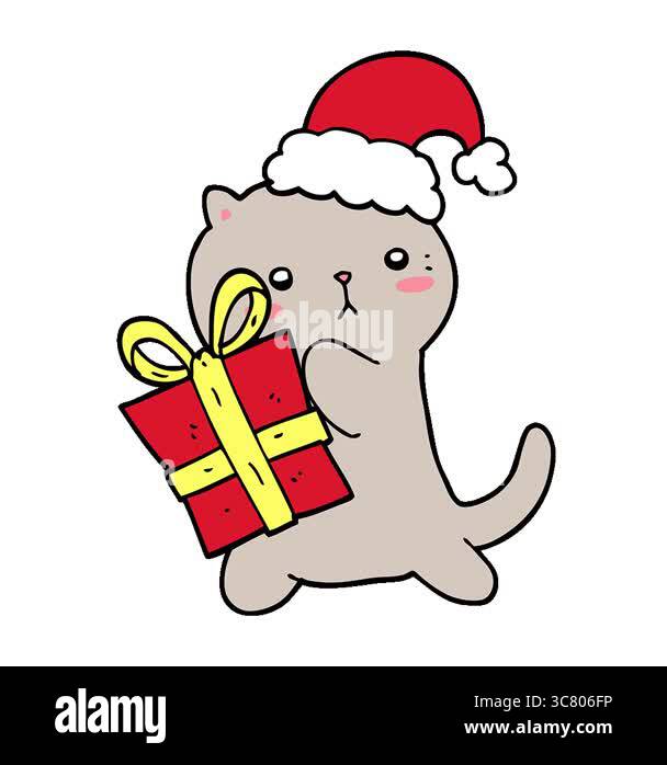 A simple looping animated cute cartoon cat carrying christmas present ...