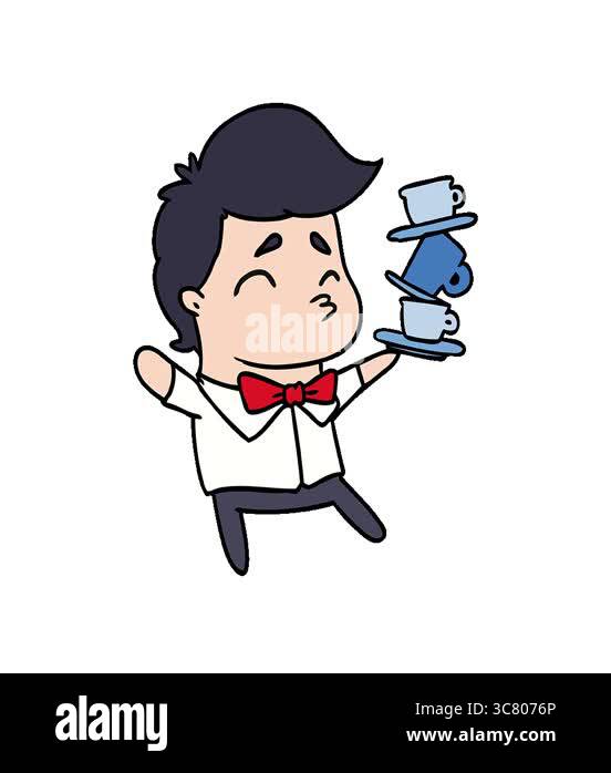 A simple looping animated cartoon illustration of a kawaii cute waiter ...